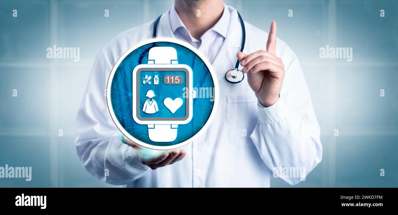 Unrecognizable clinician presenting a wearable medical device ...