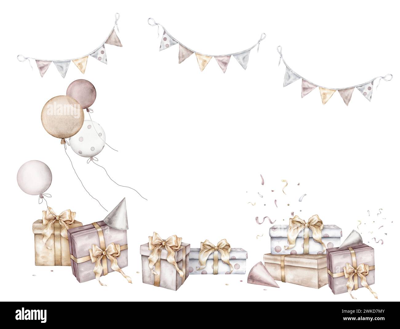 Watercolor gift boxes with gold bows and balloon and flag for birthday ...