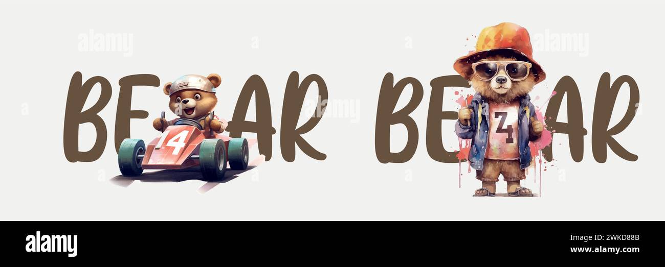 cartoon teddy bear racing car isolated on white background. Vector ...