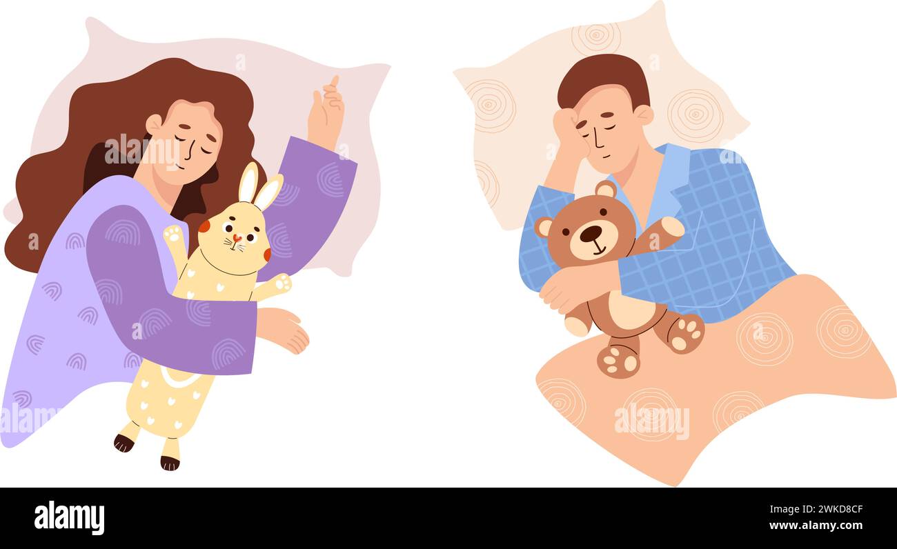 Sleeping people. Cute man with bear teddy toy and girl with plush bunny ...