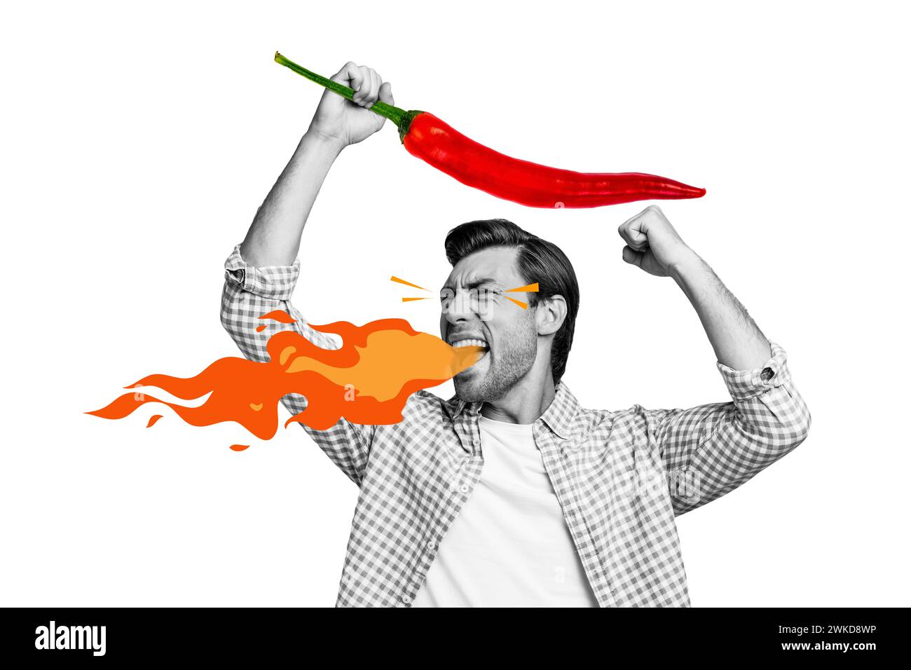 Collage image of black white effect crazy guy raise fist arm hold big ...