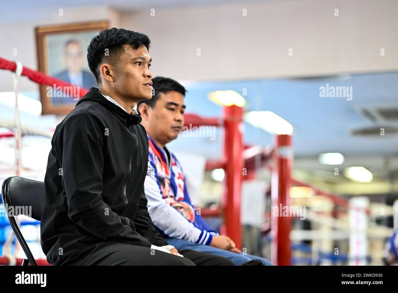 Tokyo, Japan. 20 Feb, 2024. Jerwin Ancajas (L) of the Philippines talks to media during a public ...