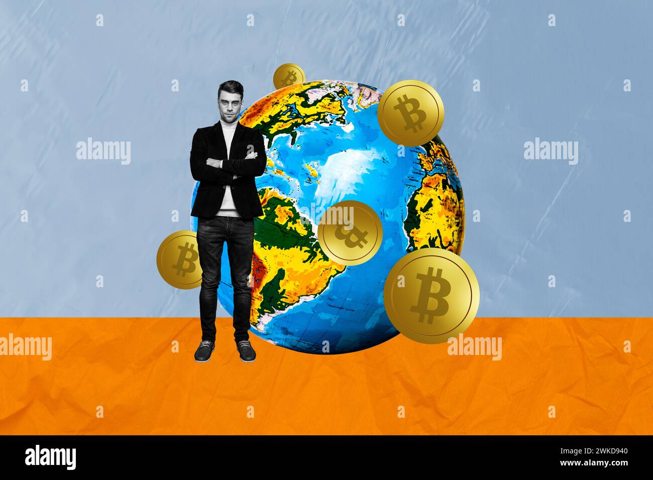 Composite creative art collage of man trader stand crossed arms globe ...