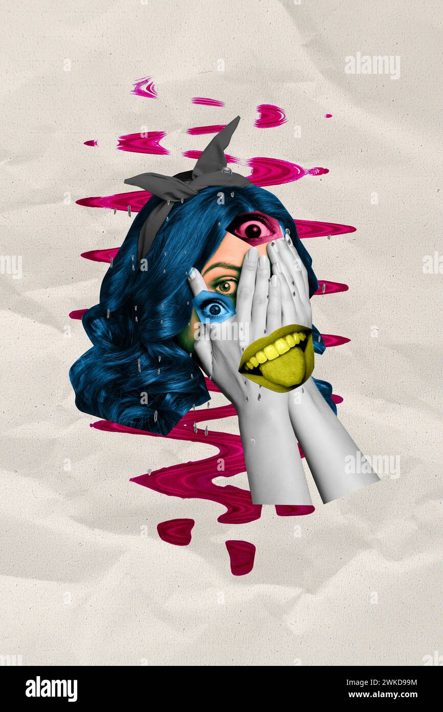 Absurd portrait collage of young girl with colorful eyes blue curly ...