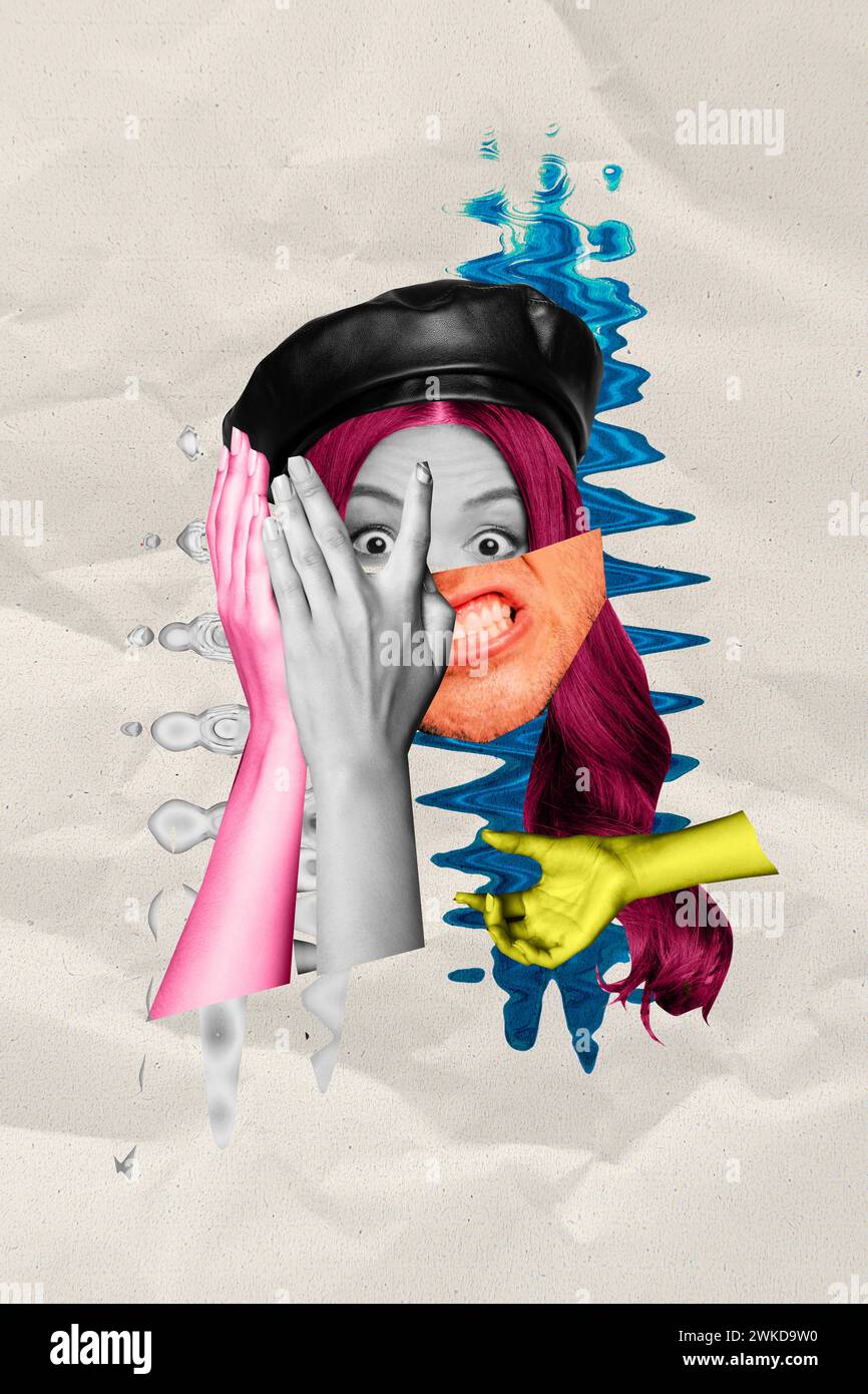 Portrait collage of young scared funny girl hiding her face thinking ...