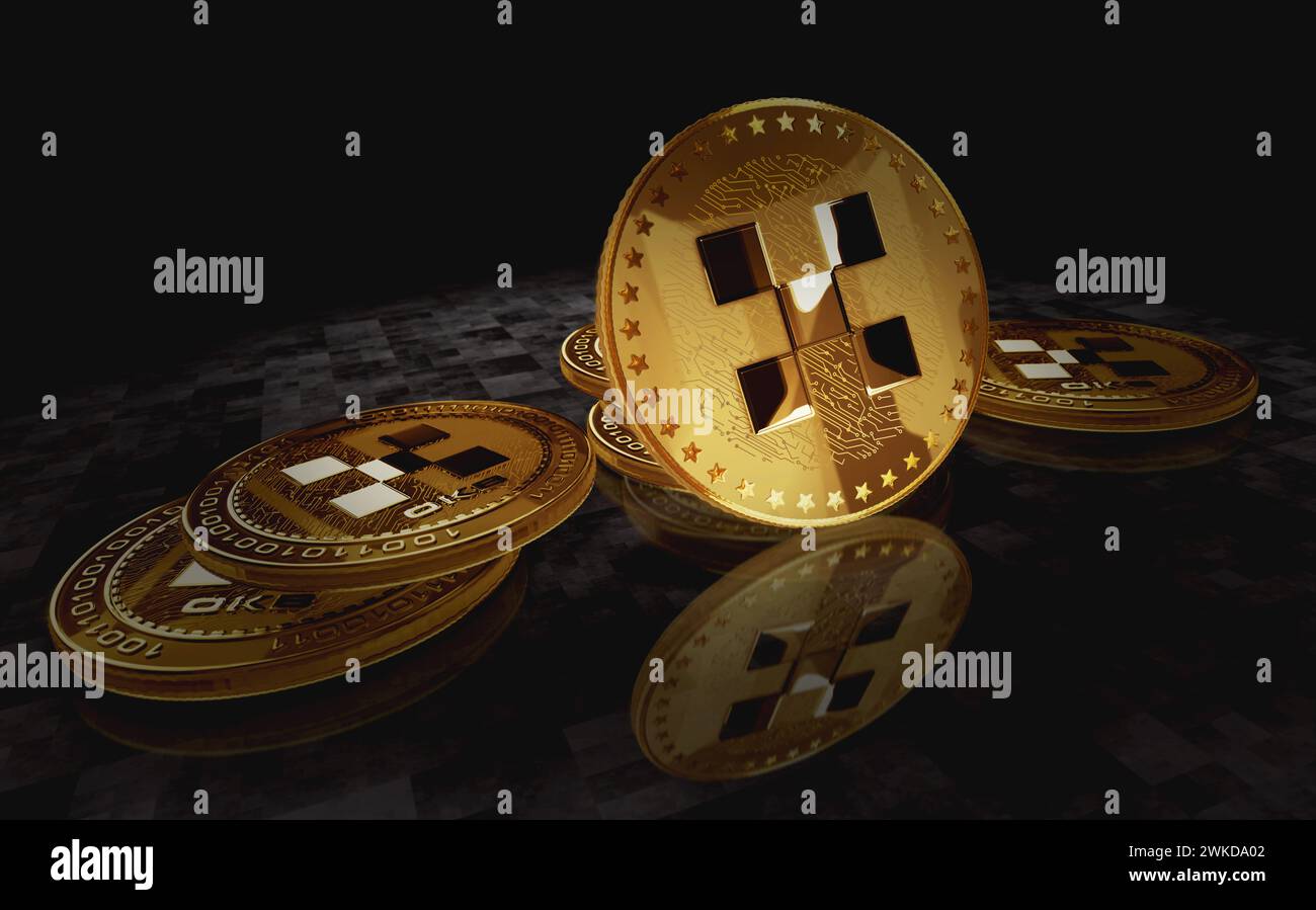 OKX OKB cryptocurrency gold coin on green screen background. Abstract ...