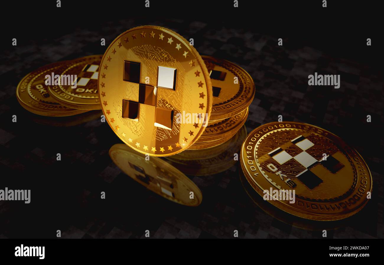OKX OKB cryptocurrency gold coin on green screen background. Abstract ...