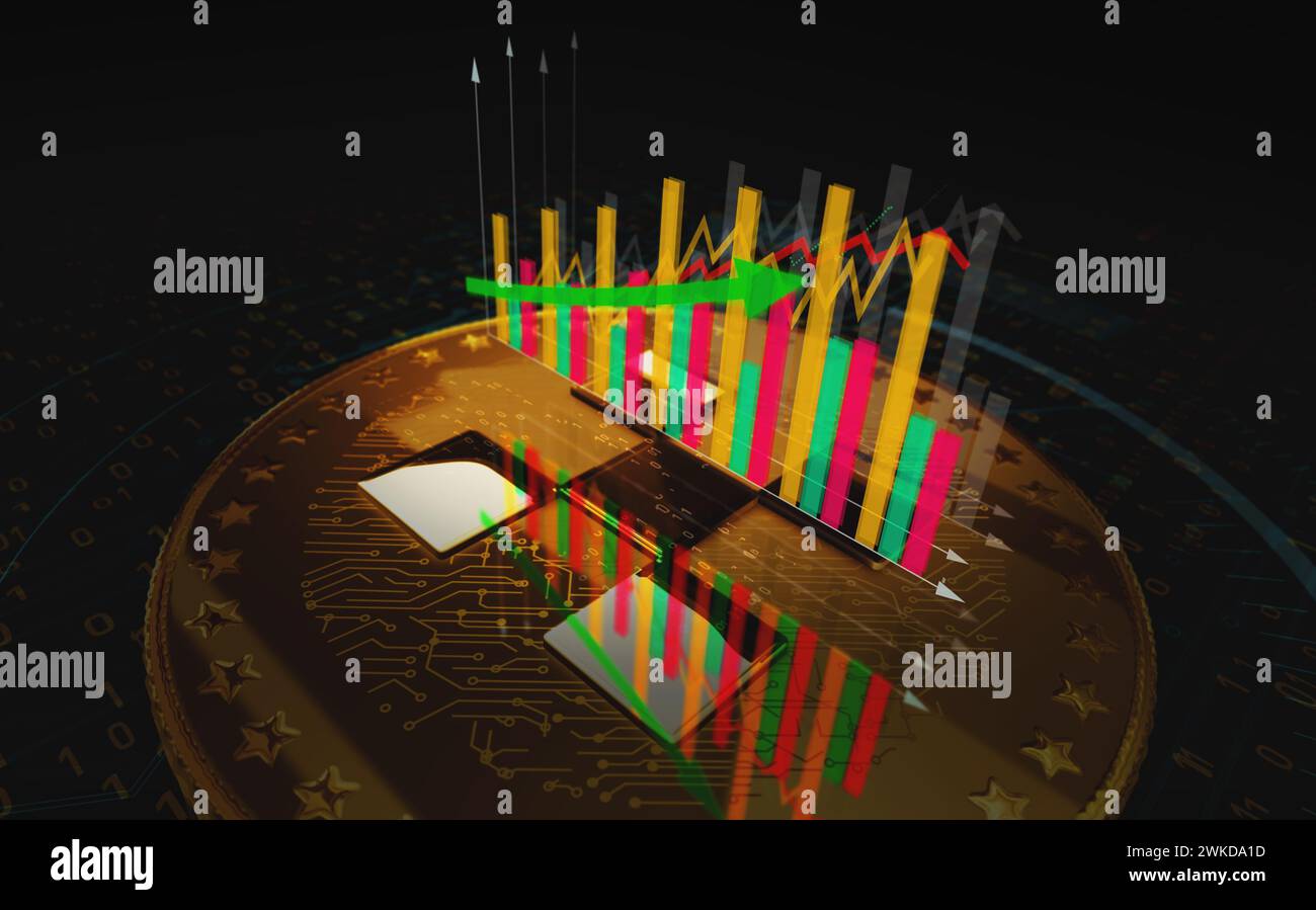 OKX OKB cryptocurrency golden coin over the chart. Price trend graph ...