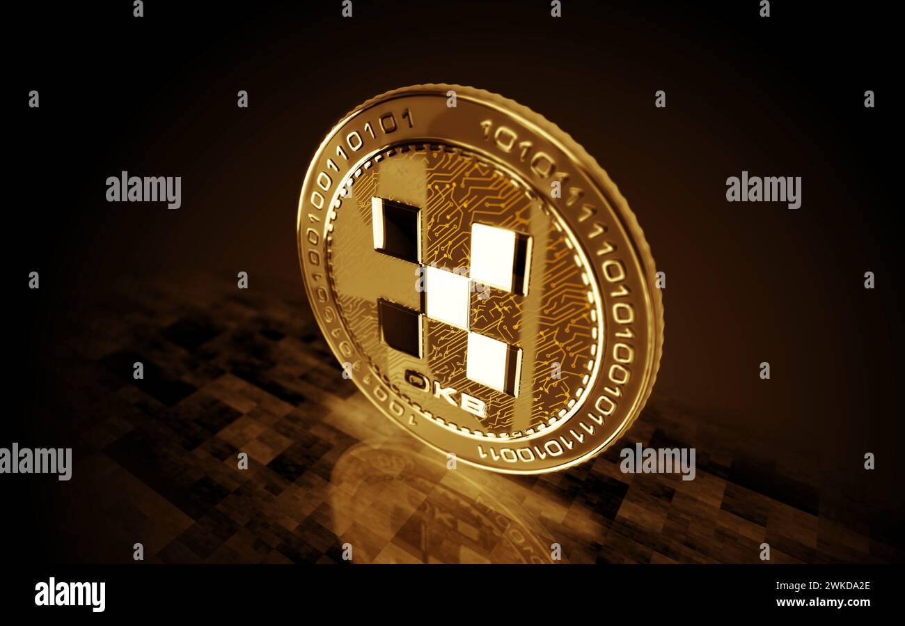 OKX OKB cryptocurrency gold coin on green screen background. Abstract ...