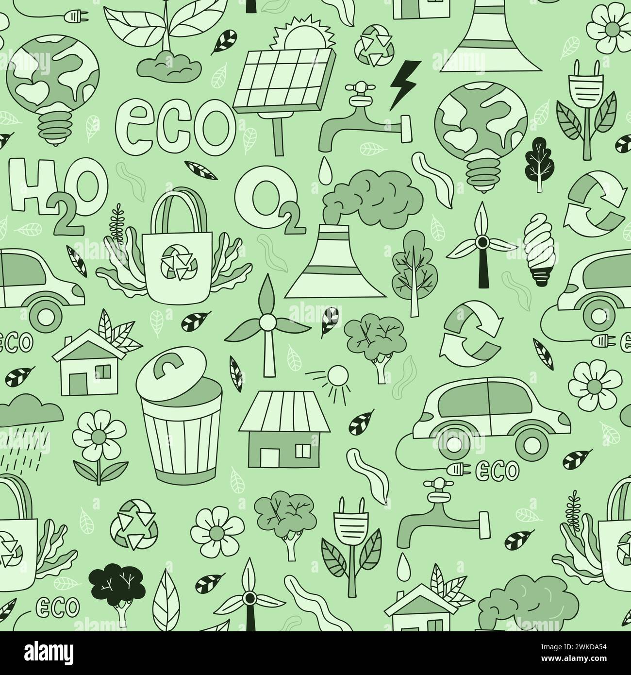 Ecology and ecological lifestyle. Seamless pattern in hand drawn doodle ...