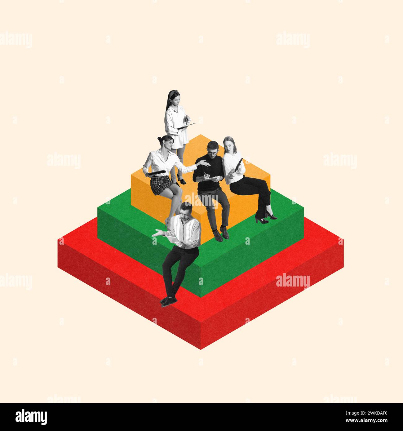 Employees, co-workers sitting on multicolored stairs and working on own ...