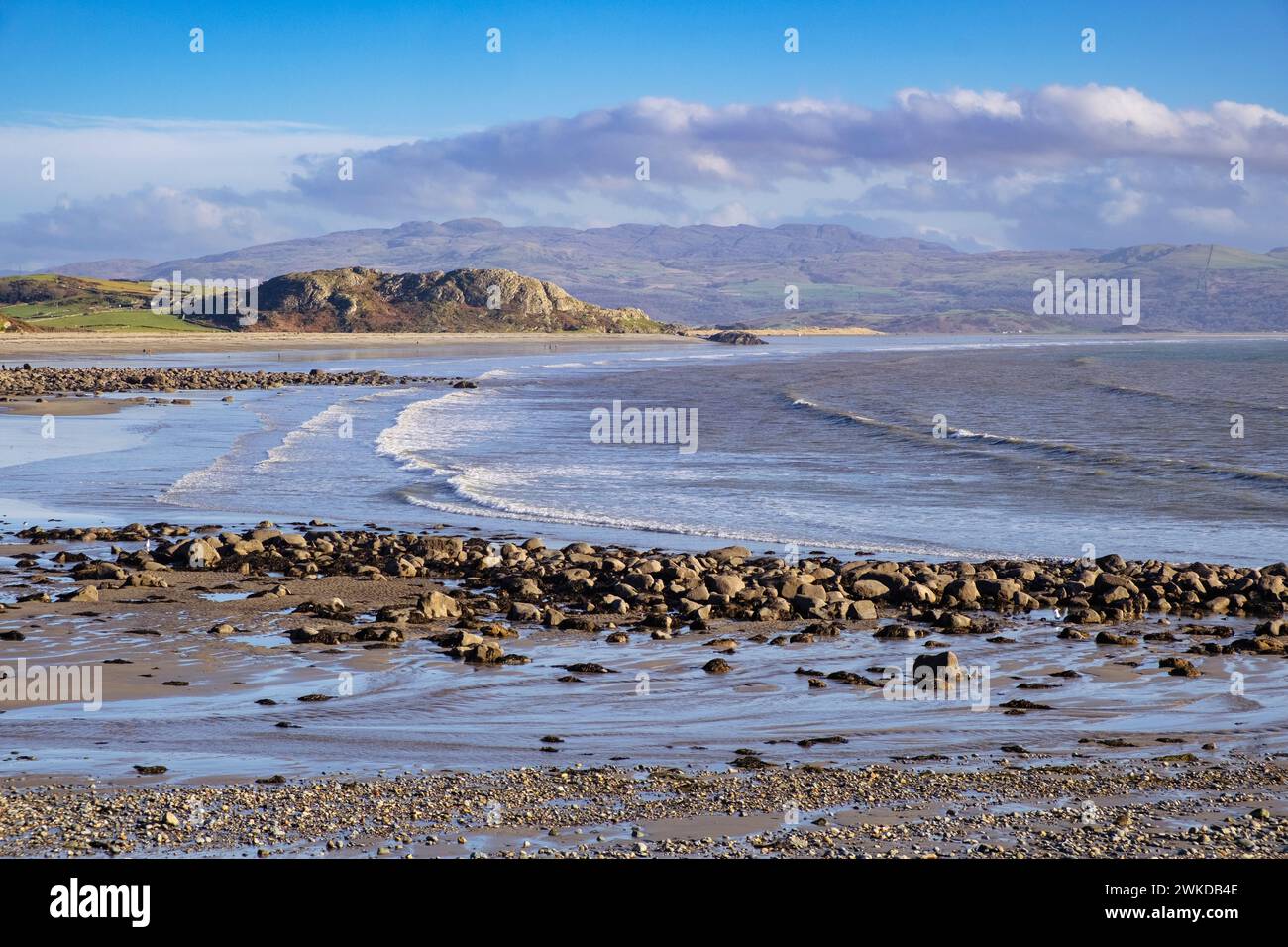 View along the quiet east beach at low tide in winter on the Welsh west ...