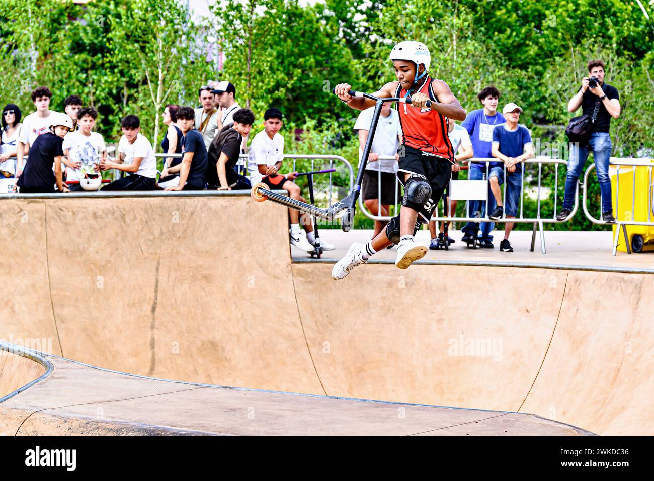 Igualada, Barcelona; July 16, 2023: Young man practicing Scootering ...