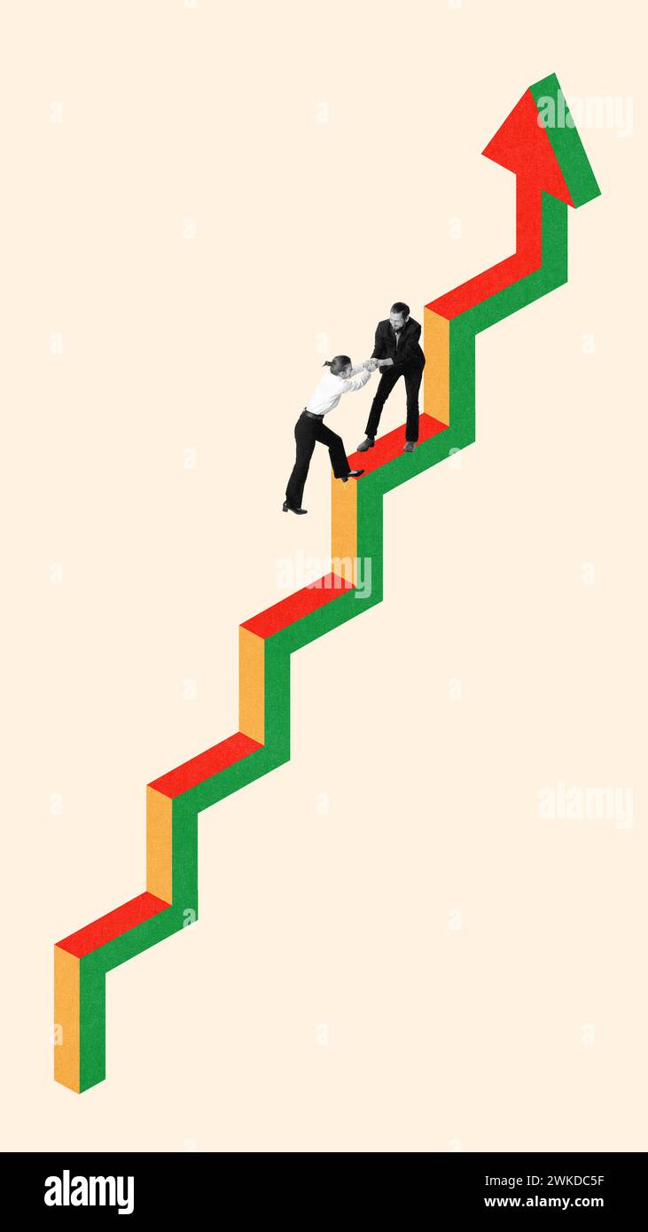 Male employee helping girl, trainee to climb upwards ladder of success ...