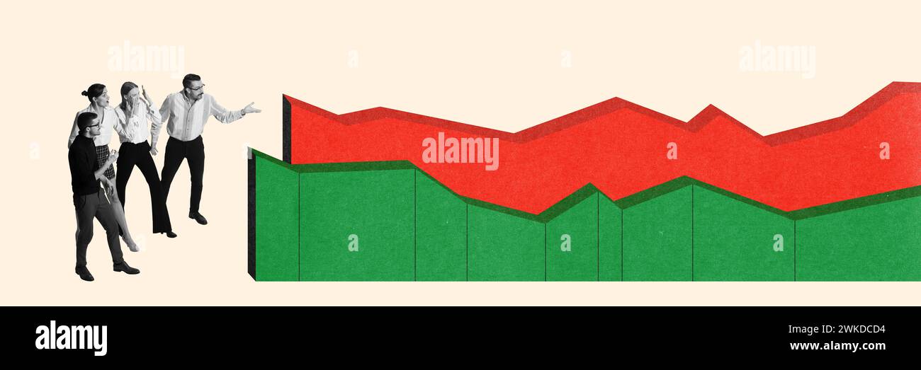 Employees, colleagues looking on red and green analytical graphs ...