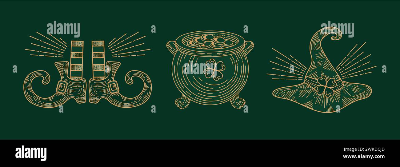Set of St. Patricks Day symbols. Leprechaun top hat, gold cauldron ...