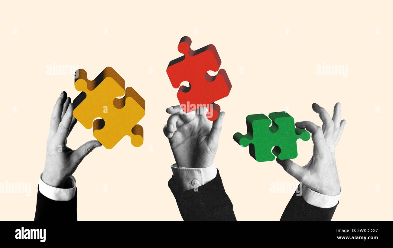 Human hands holing multicolored jigsaw, connecting puzzles symbolizing well coordinated teamwork ...