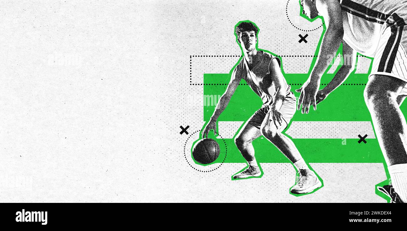 Poster. Dynamic movement. Two athlete men, playing basketball in action ...