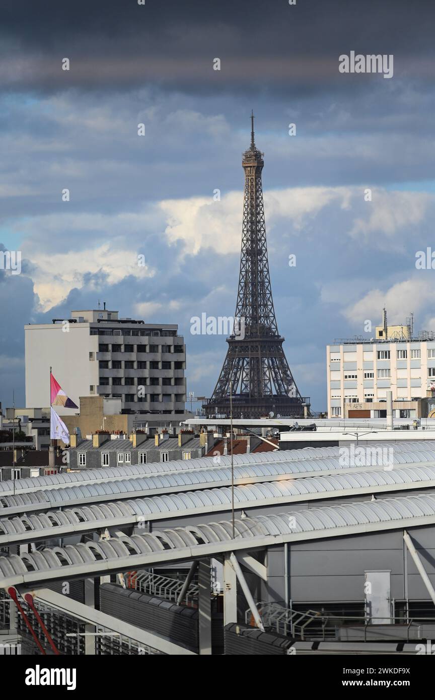 View of the Eiffel Tower from the roofs of the buildings towards Porte ...