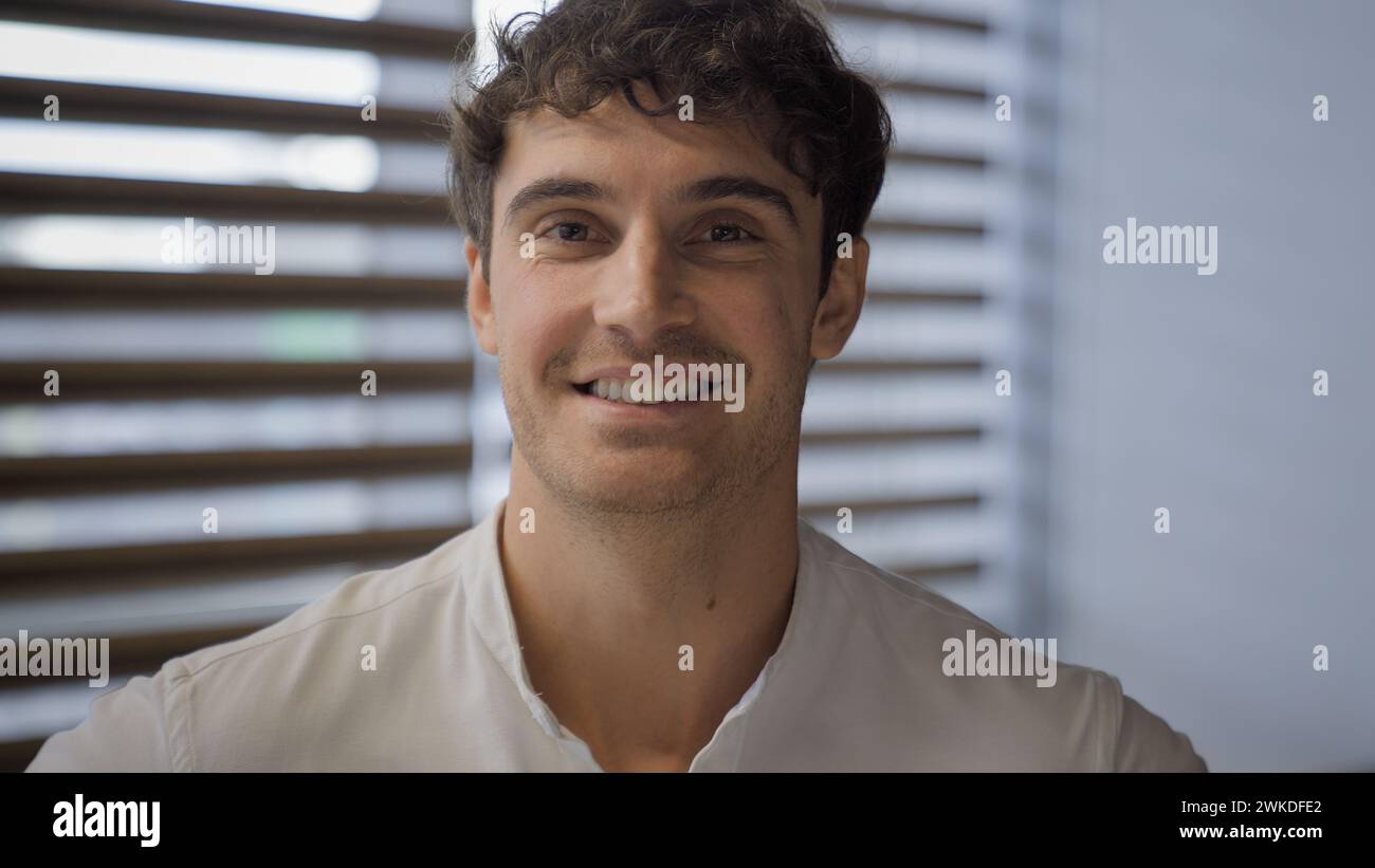 Headshot businessman serious look at window side turn head looking at ...