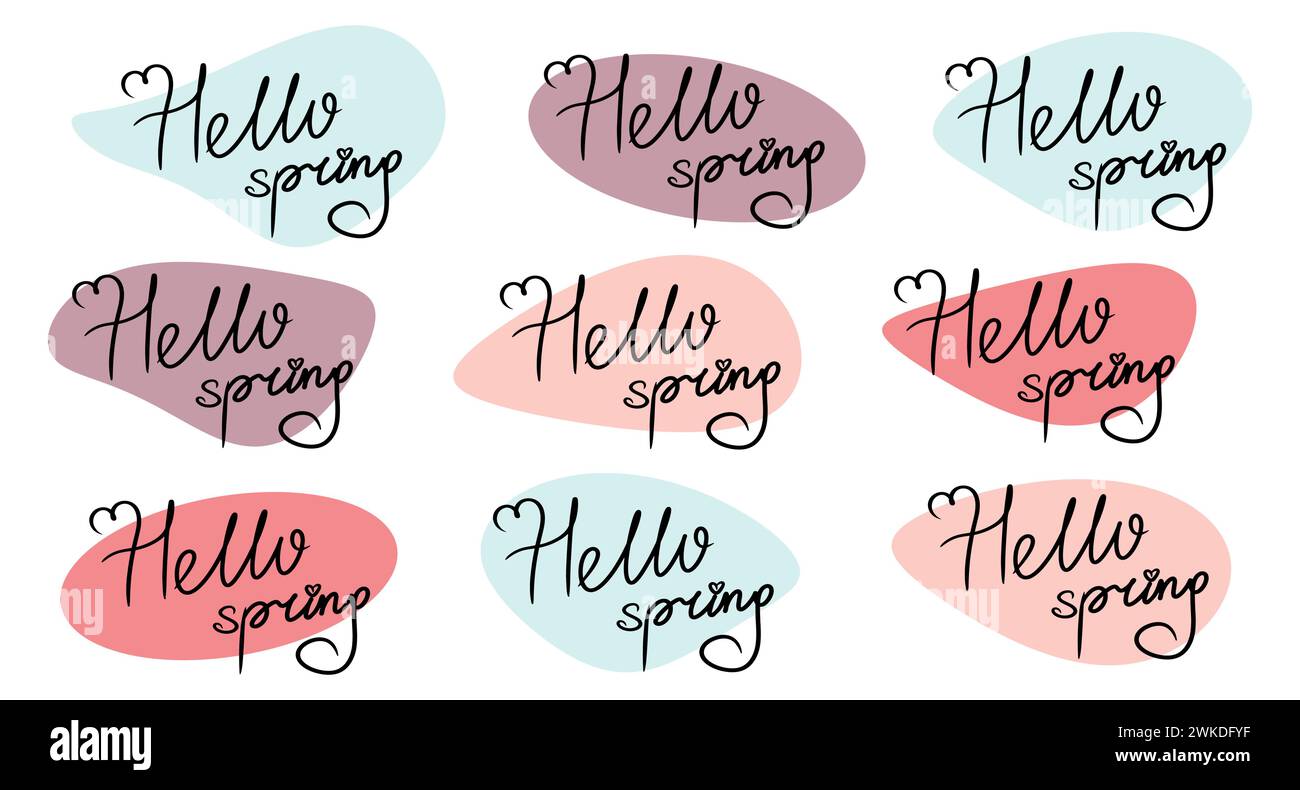 Set of hello spring stickers on the background of abstract shapes for ...
