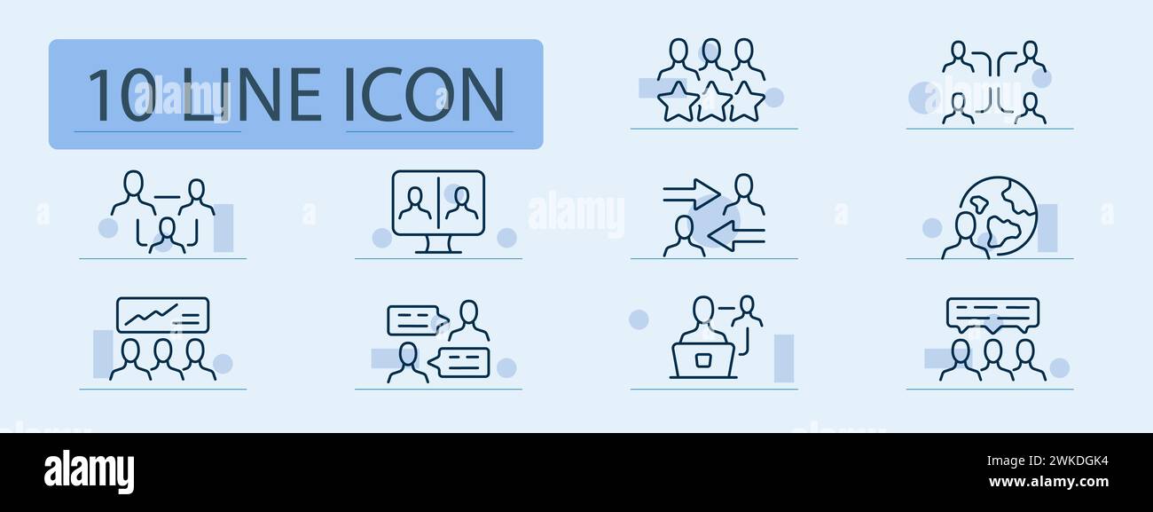 Coaching set line icon. Planet, rating, hours, people, performance ...