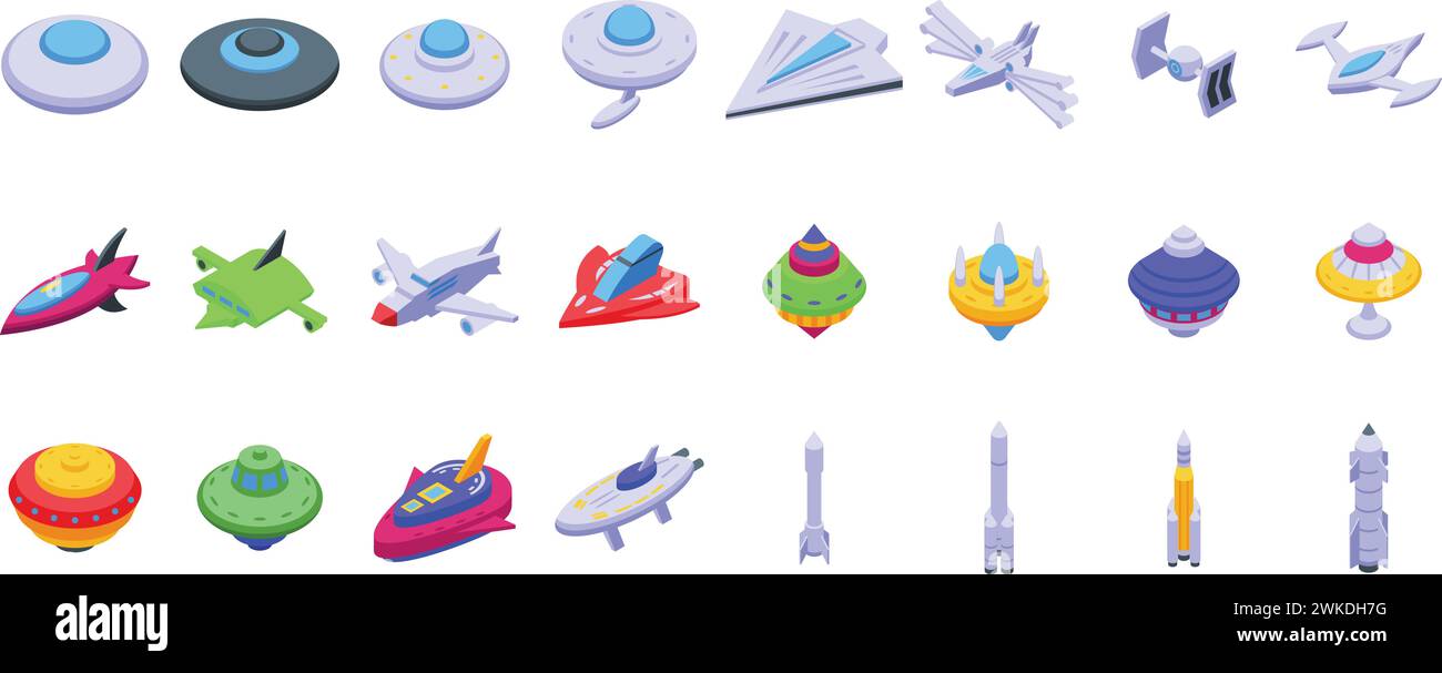 Alien cosmic starship icons set isometric vector. Fantasy spaceship ...