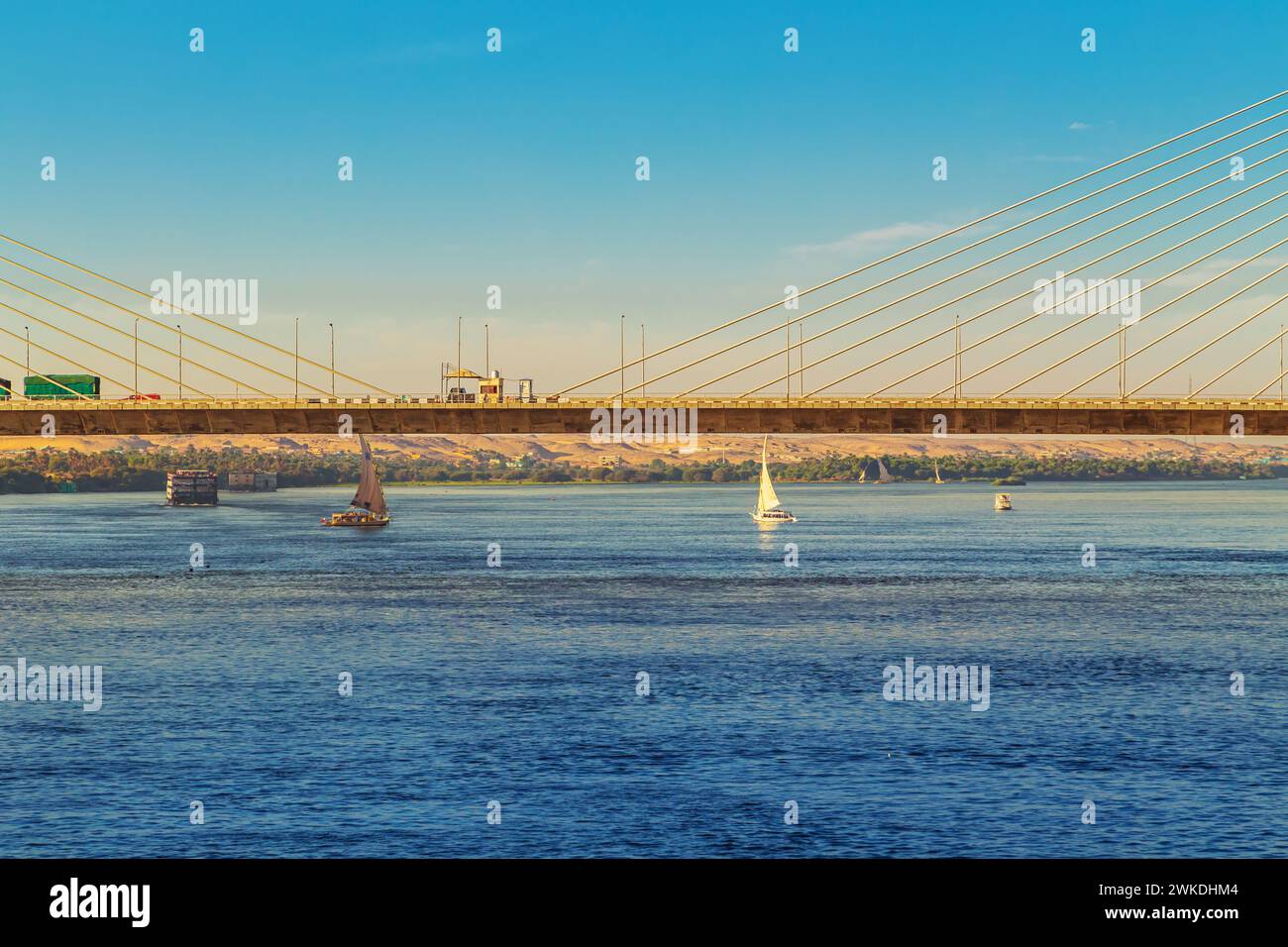 Traditional felucca boats on the Nile River in Aswan. Magnificent view ...