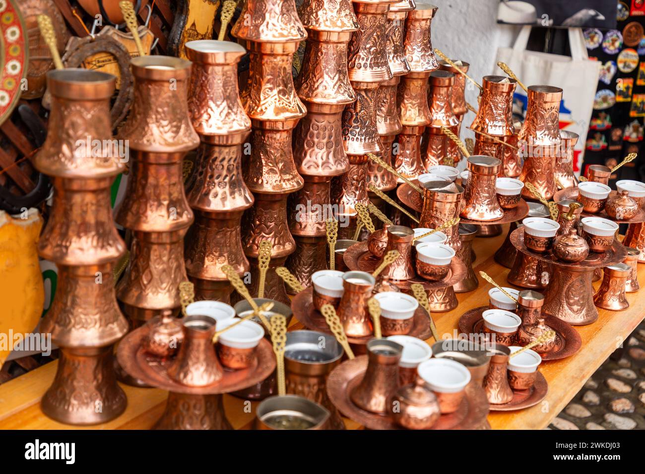 Copper Turkish coffee pots called cezve sold at Bascarsija, the central ...