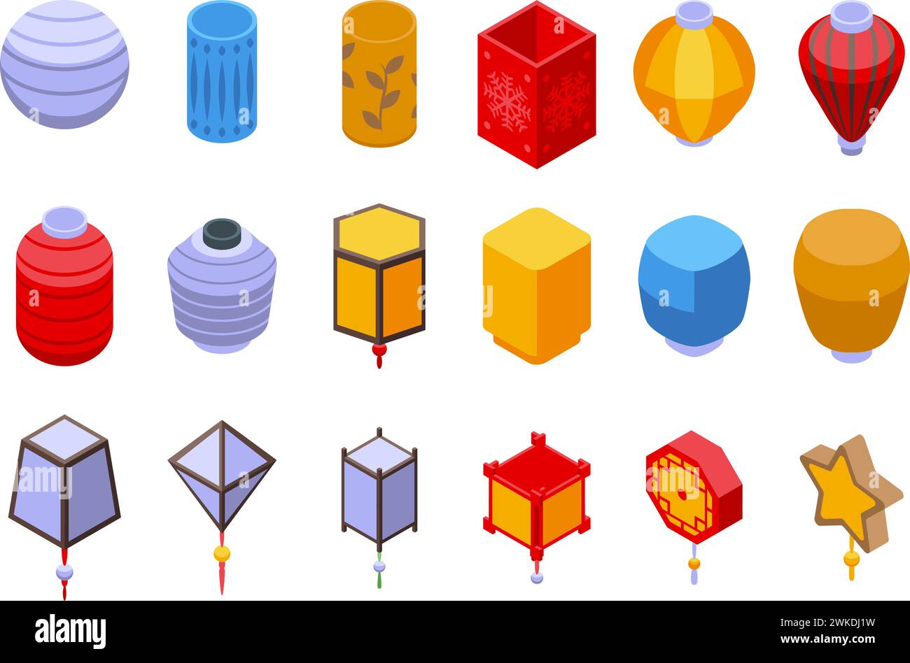 Paper glowing lantern icons set isometric vector. Floating light fire ...