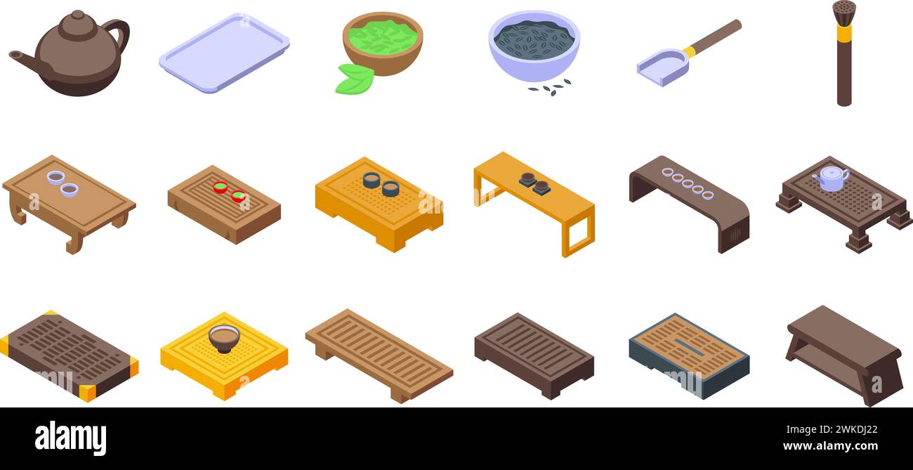 Tea ceremony table icons set isometric vector. Drinking home interior ...