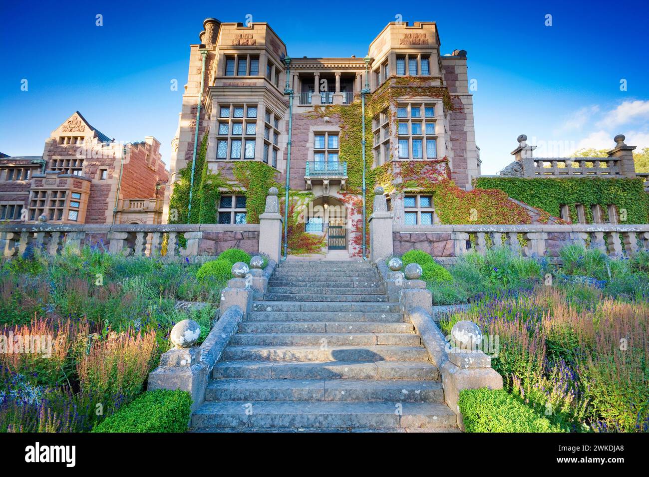 Tudor style Tjolöholm Castle located on a peninsula in the Kungsbacka ...