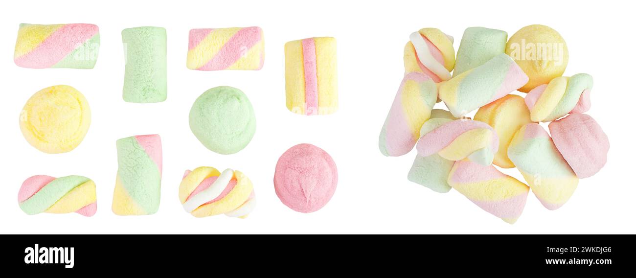Colorful mini marshmallows isolated on white background with full depth ...