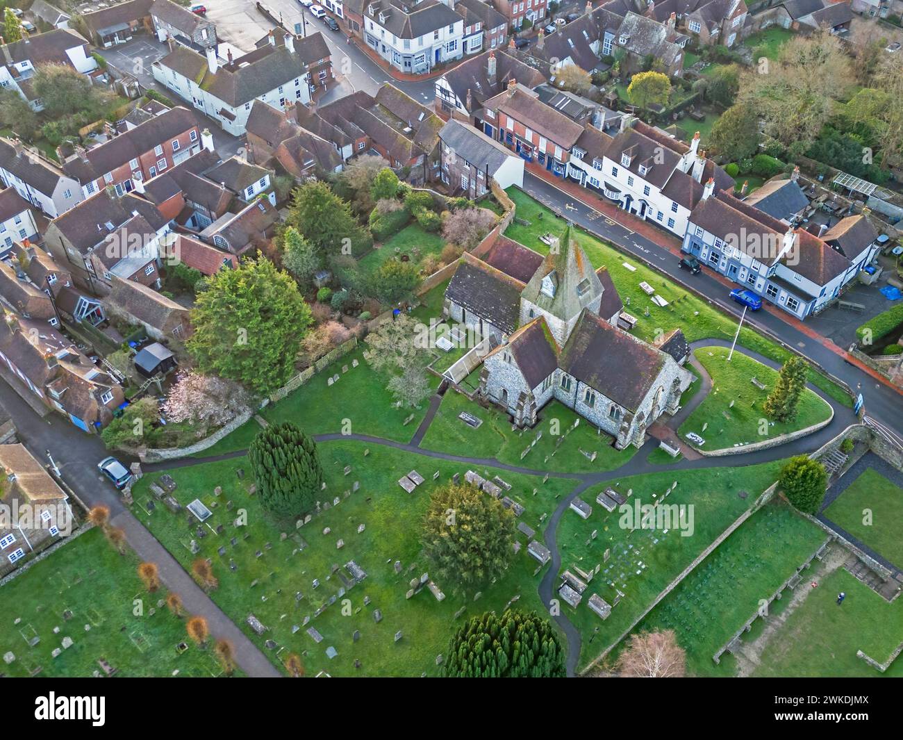 aerial view of the parish church in ditchling village in the south ...