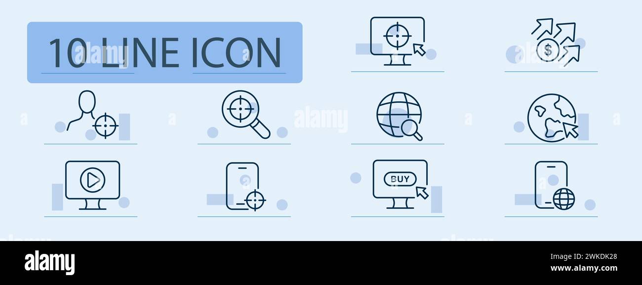 Advertising set line icon. Targeted advertising, monitor, online ...