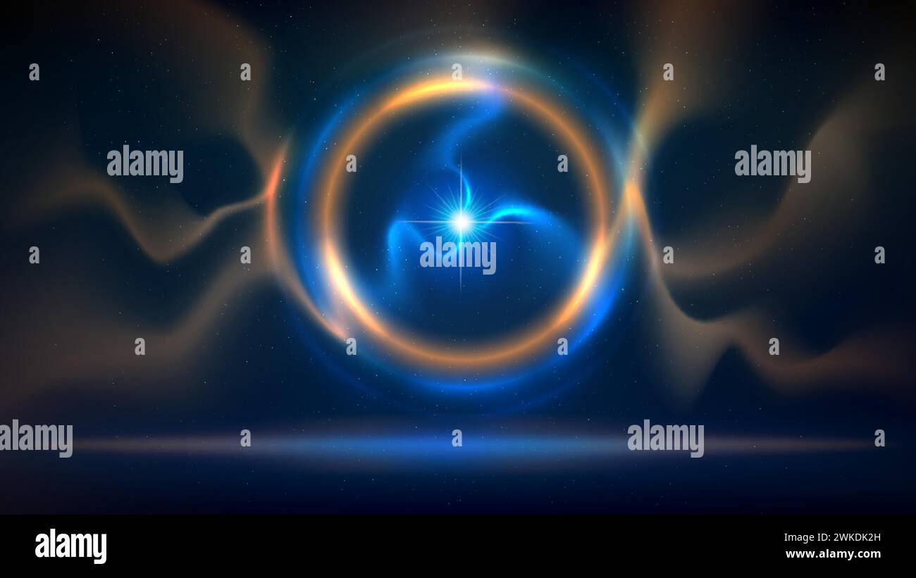 Golden blue circular lighting background, electric arc, plasma, ball lightning. Golden ring glow ...