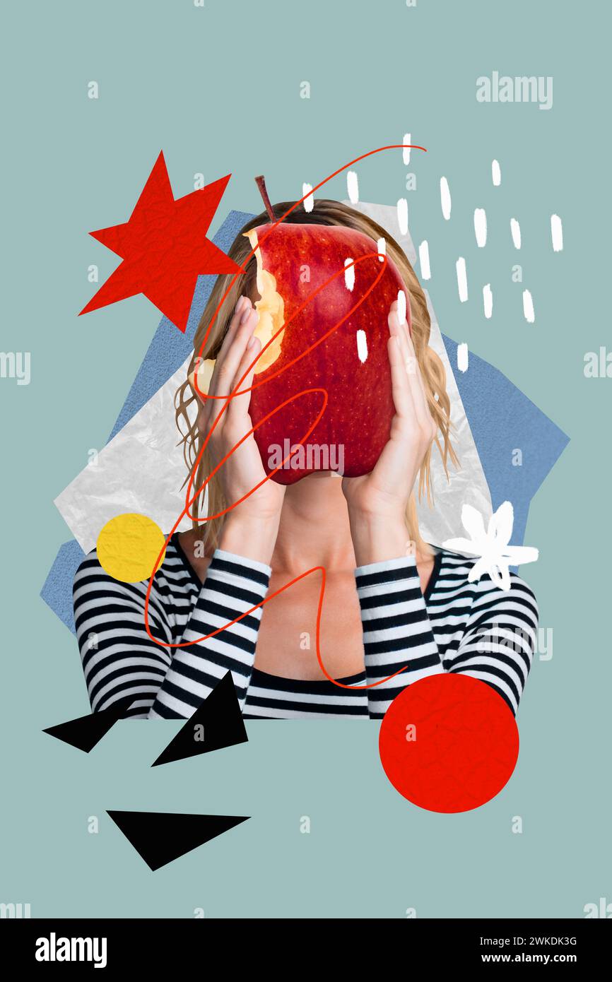 Vertical collage poster young woman hold huge apple hide face bite ...