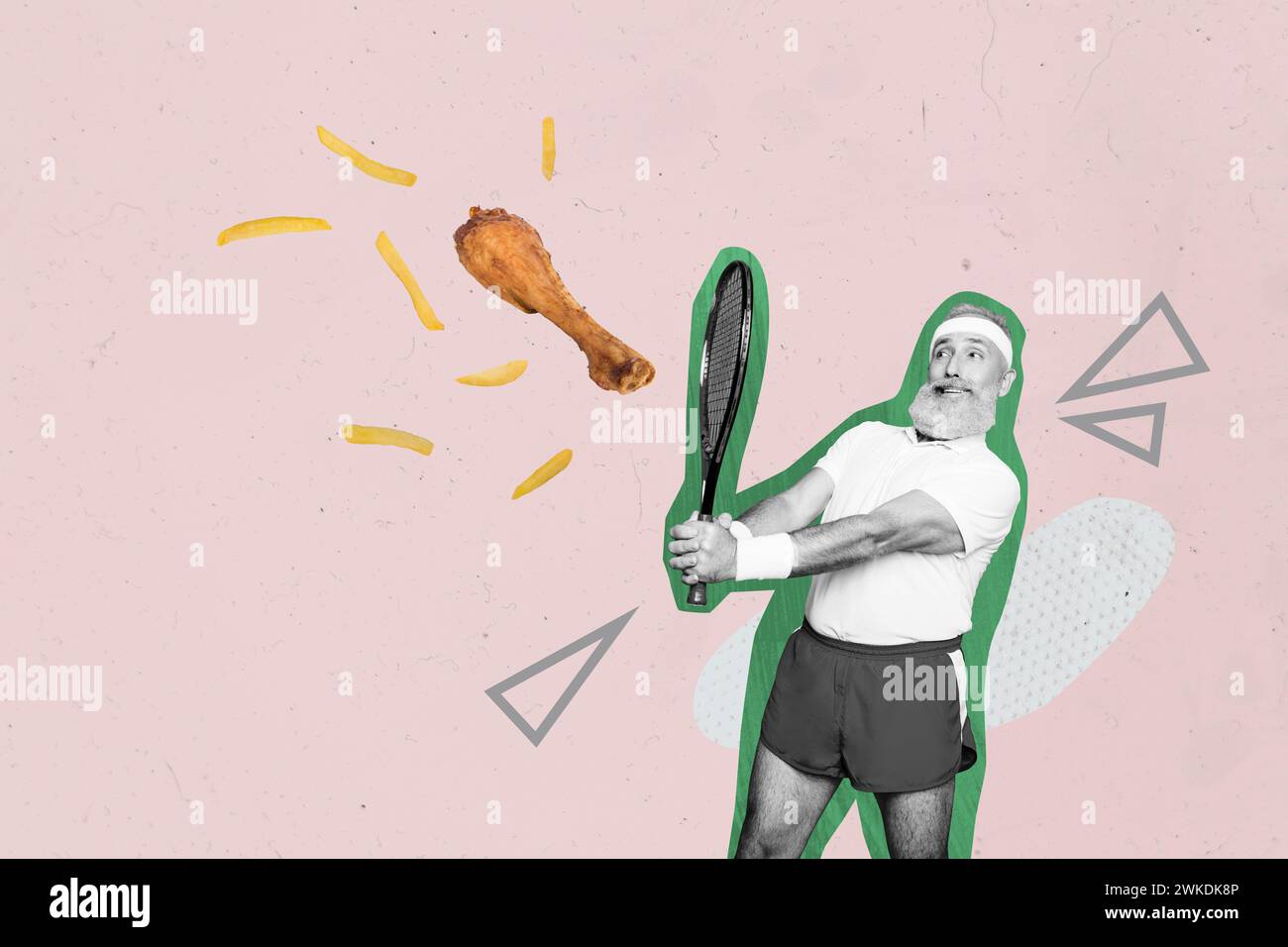 Artwork collage of black white effect grandfather hold tennis racquet ...