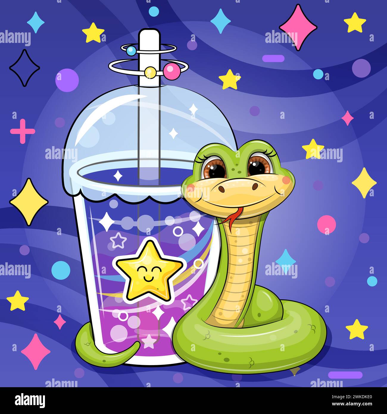 A cute cartoon green snake is holding a big drink. Night vector ...