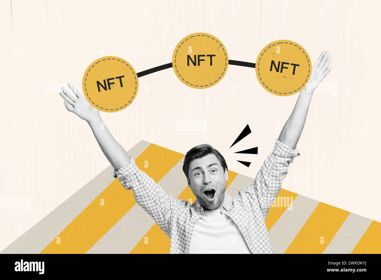 Creative collage poster young happy man showing multiple nft successful ...