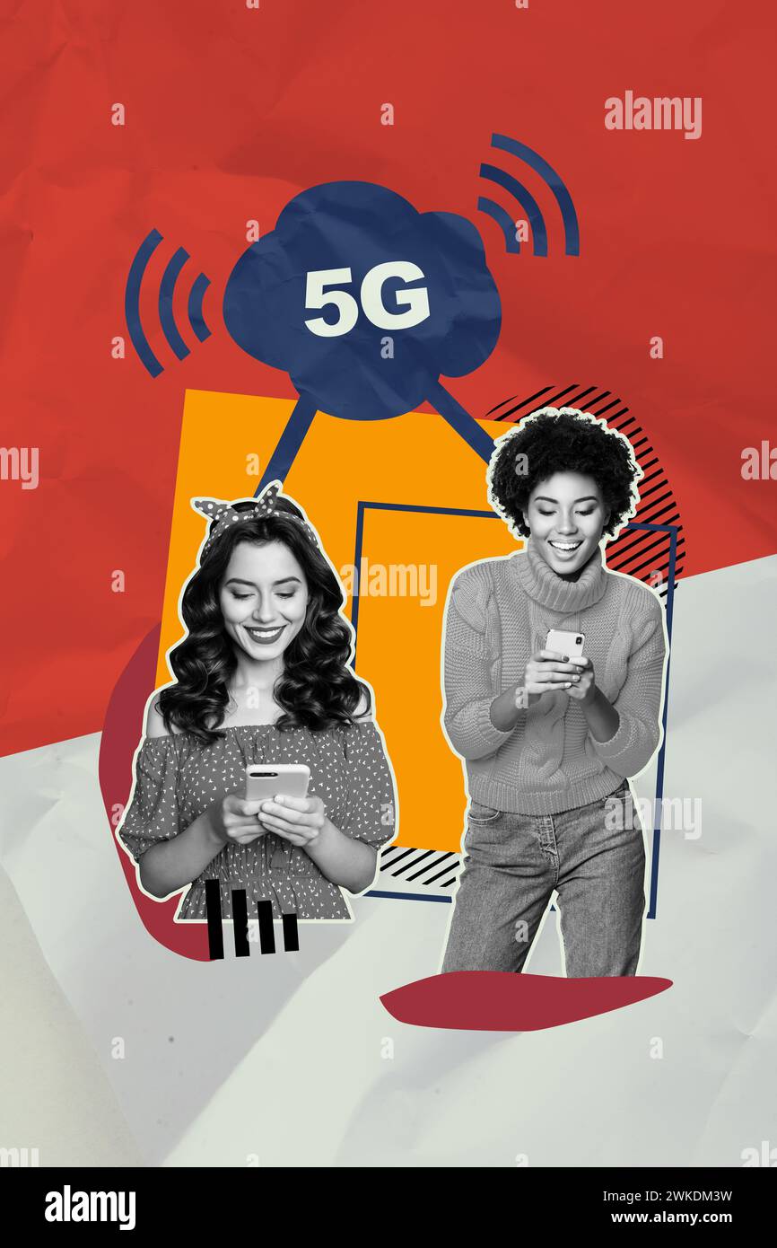Vertical collage picture two young woman communicate speed internet 5g ...