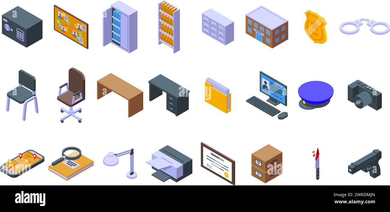 Crime bureau icons set isometric vector. Detective room interior. Desk pc furniture Stock Vector ...