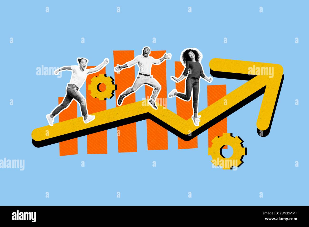 Creative collage poster young employees colleagues reach success ...