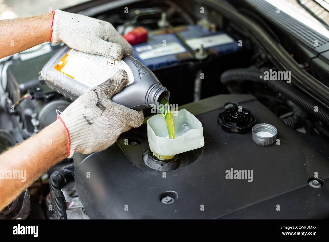 Changing the engine oil. A car mechanic pours oil from a bottle through ...