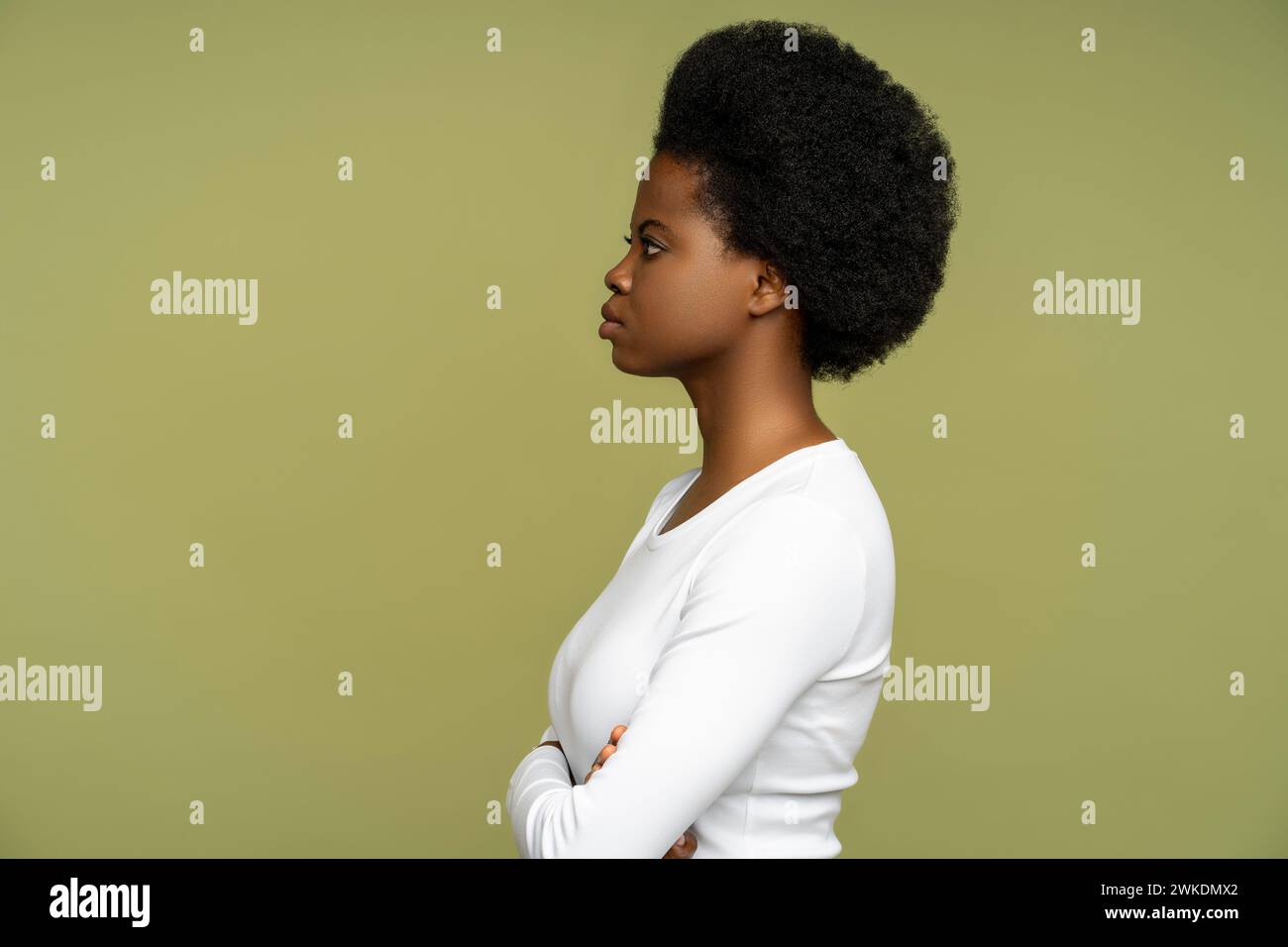 African American woman posing with side view and arms crossed, isolated ...