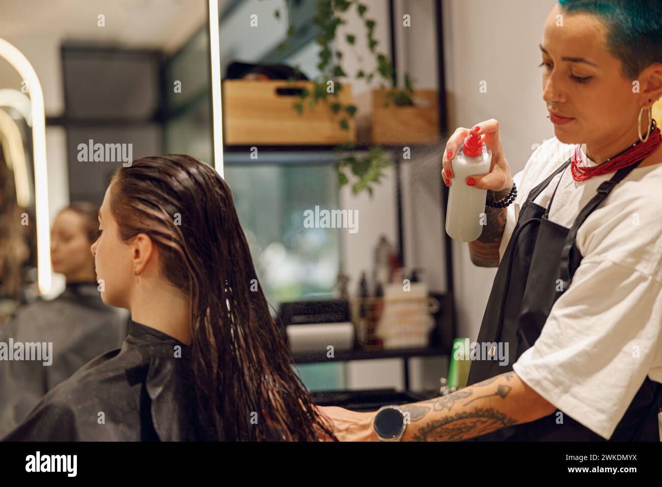 Stylish female hairdresser applying spray on wet hair to woman in ...