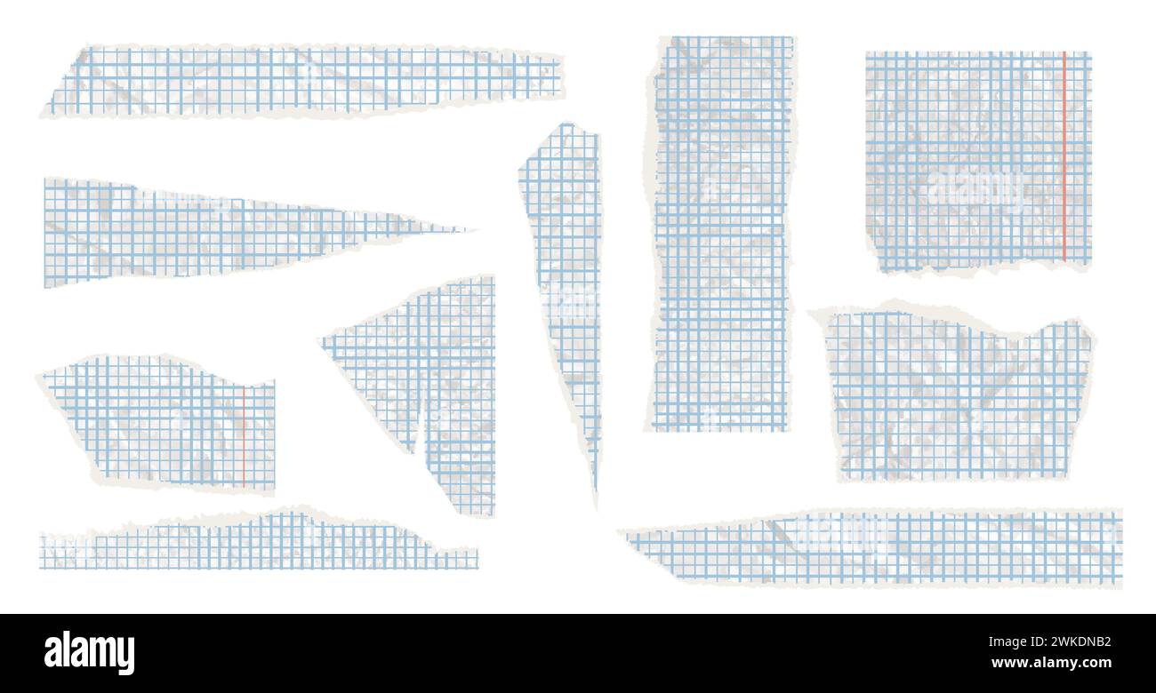 Torn ripped notebook papers, Cut sheets with square grid, cutout ...