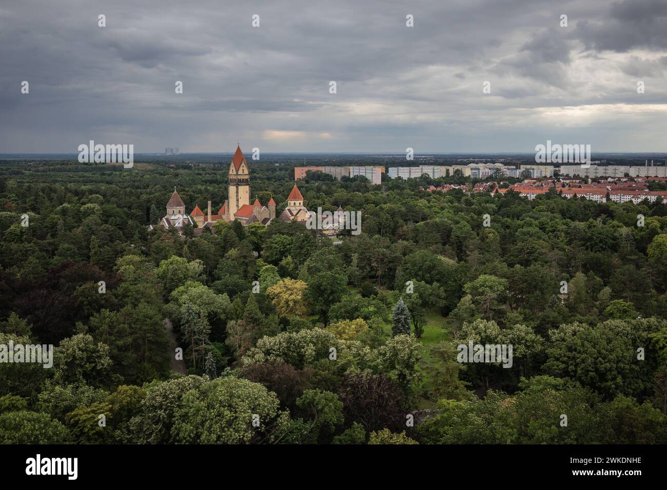 Aerial View of Architecture of Südfriedhof with Green Trees and Cloudy ...