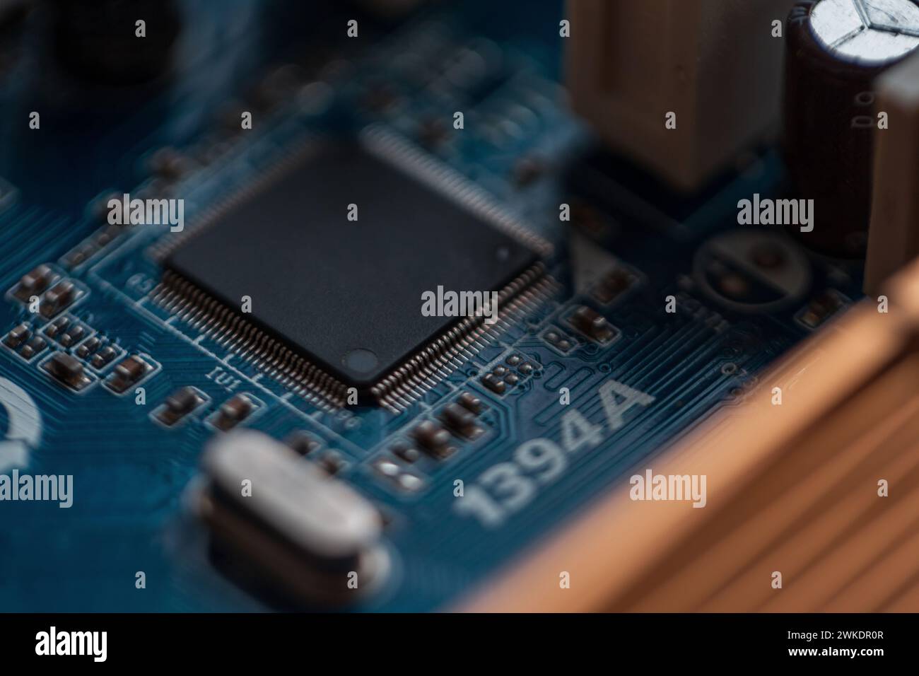 Computer chip on motherboard with transistors, close-up. AI and ...
