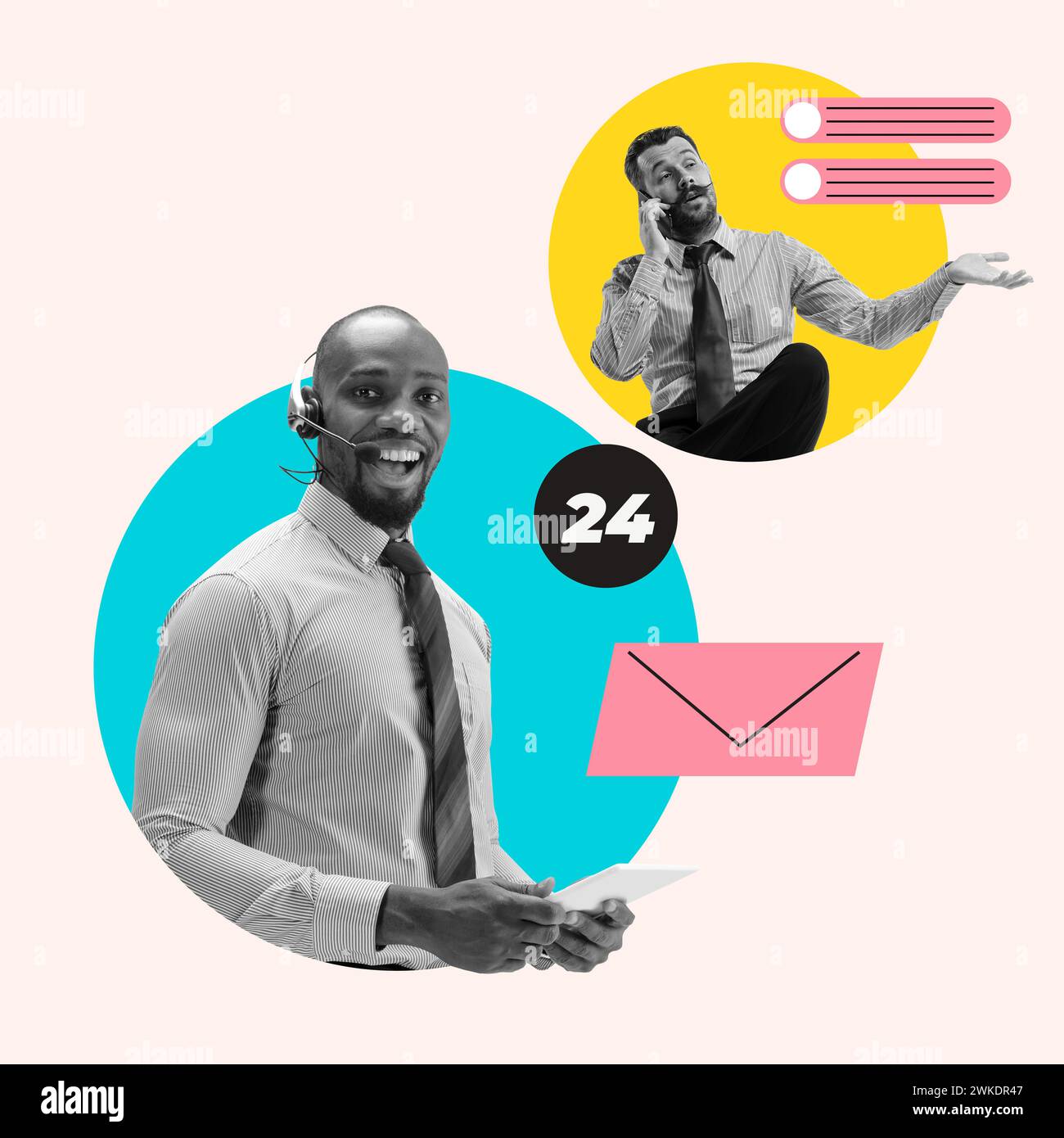 Excited emotional man, operator talking with young man expressing ...